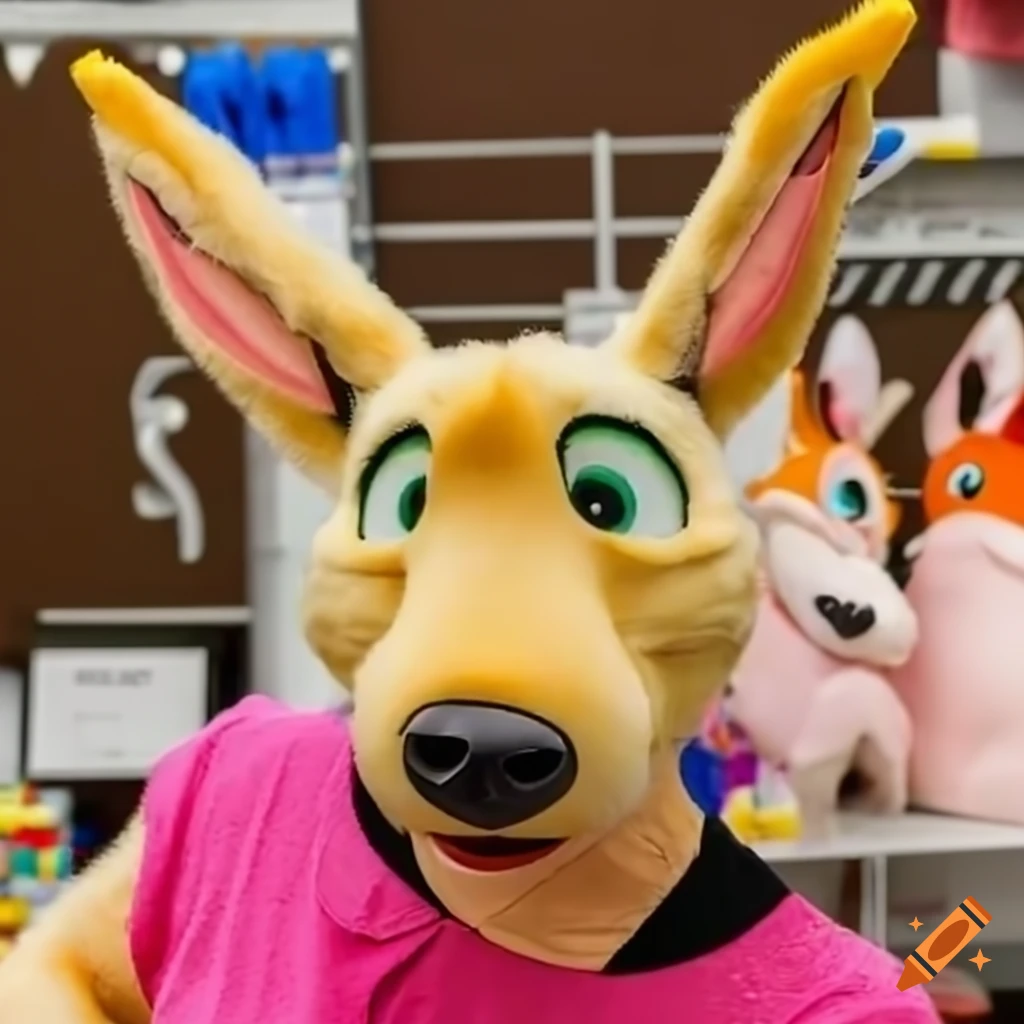 Detailed close-up of a female employee in a rocko's modern life kangaroo mascot fursuit at ...
