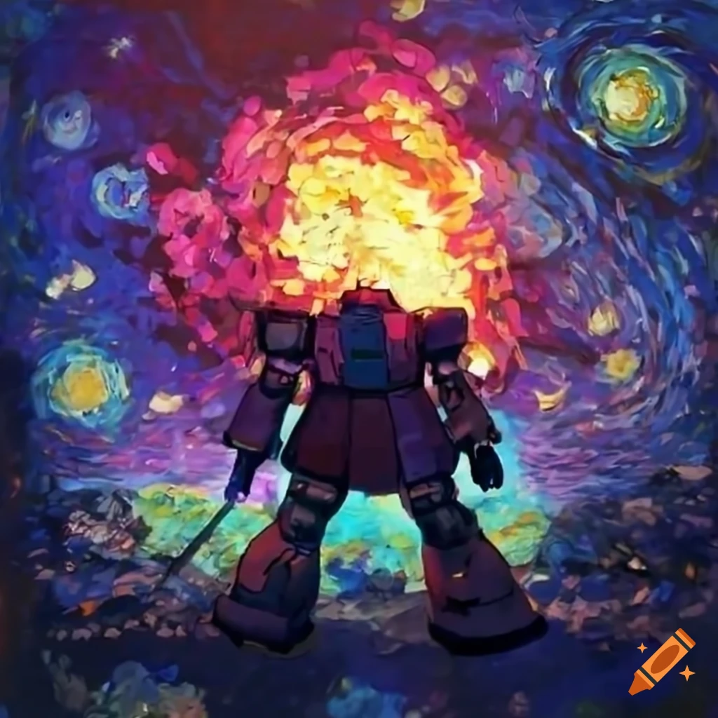 Zaku exploding gundam in a starry night, inspired by van gogh on Craiyon