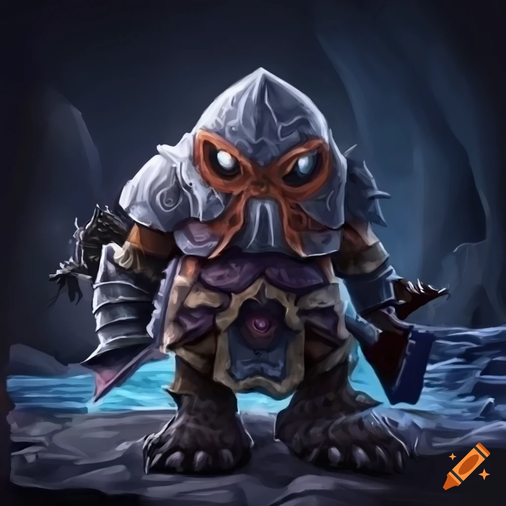Toad paladin in dark armor in an ice cave on Craiyon
