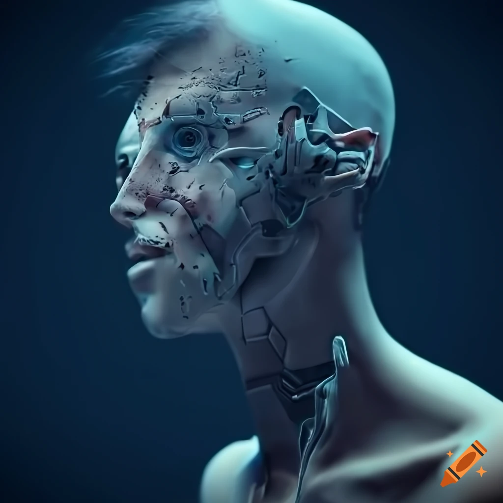 Futuristic damaged cyborg dj in a futuristic lounge on Craiyon