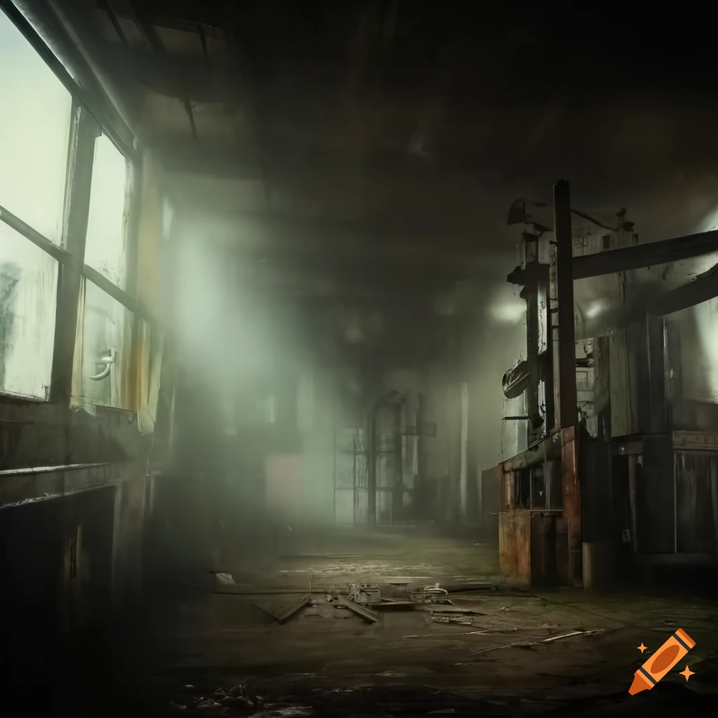 Interior of a bright sunny foggy abandoned factory with old machines on ...