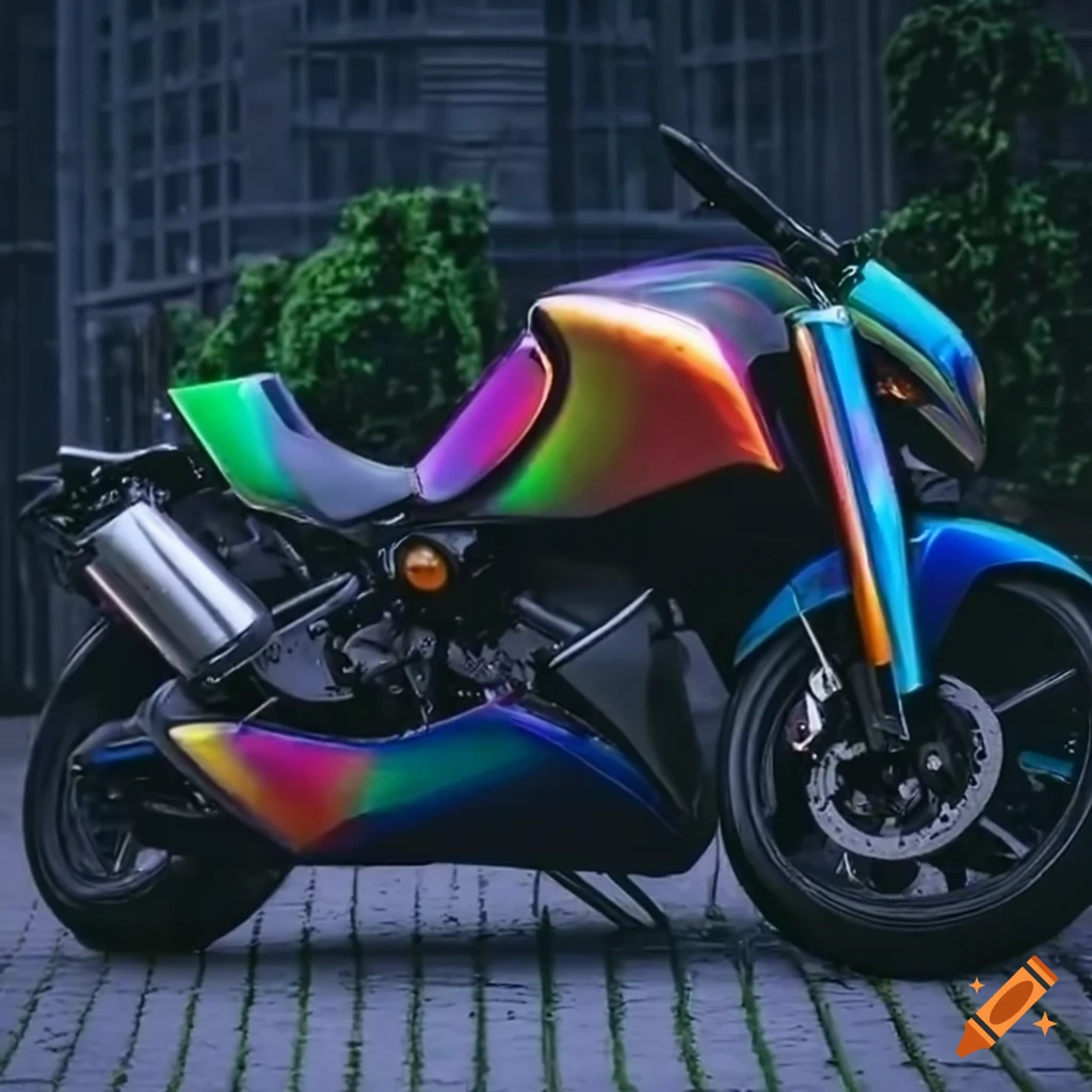 Sleek rainbow motorcycle under iridescent covering in urban setting on ...