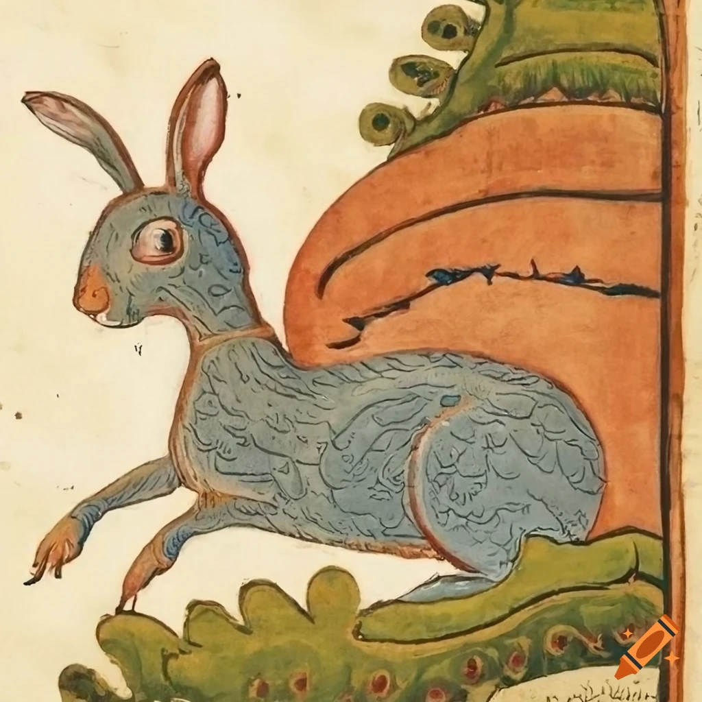 Medieval peasant chased by rabbit in enluminure manuscript style on Craiyon