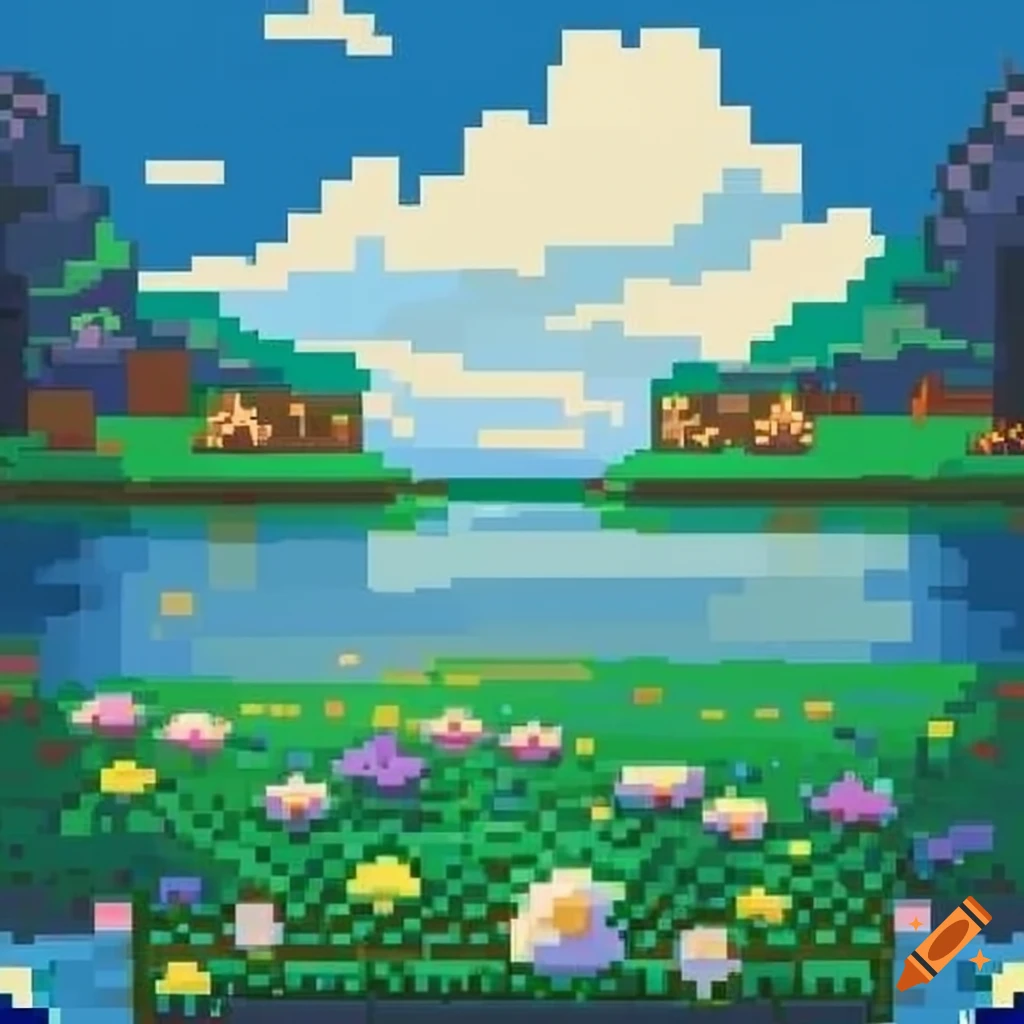 Pixel art pokemon environment with lake, fields, and wildflowers on Craiyon