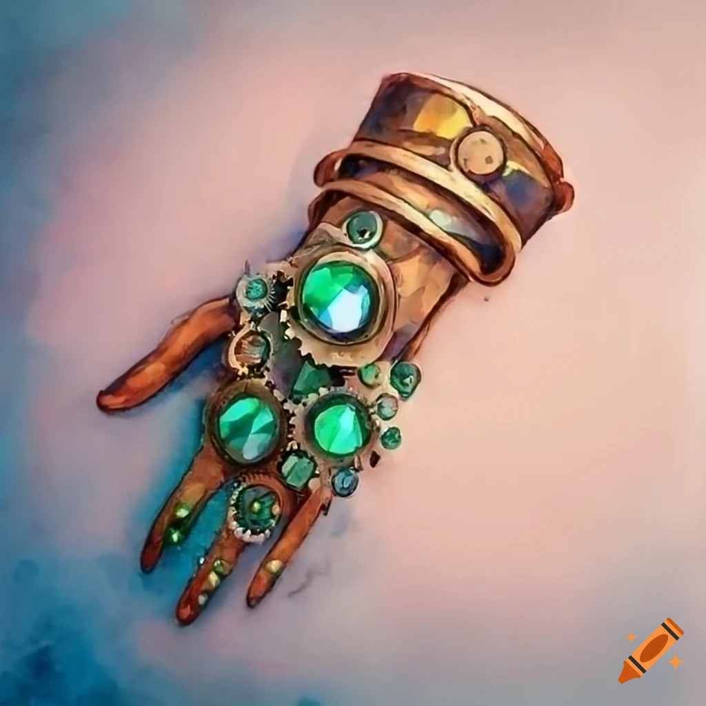 Steampunk time handcuff with green crystal center on Craiyon
