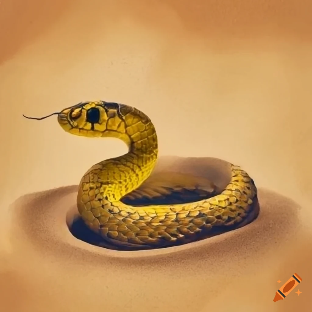 Yellow snake in desert sand in watercolor style on Craiyon