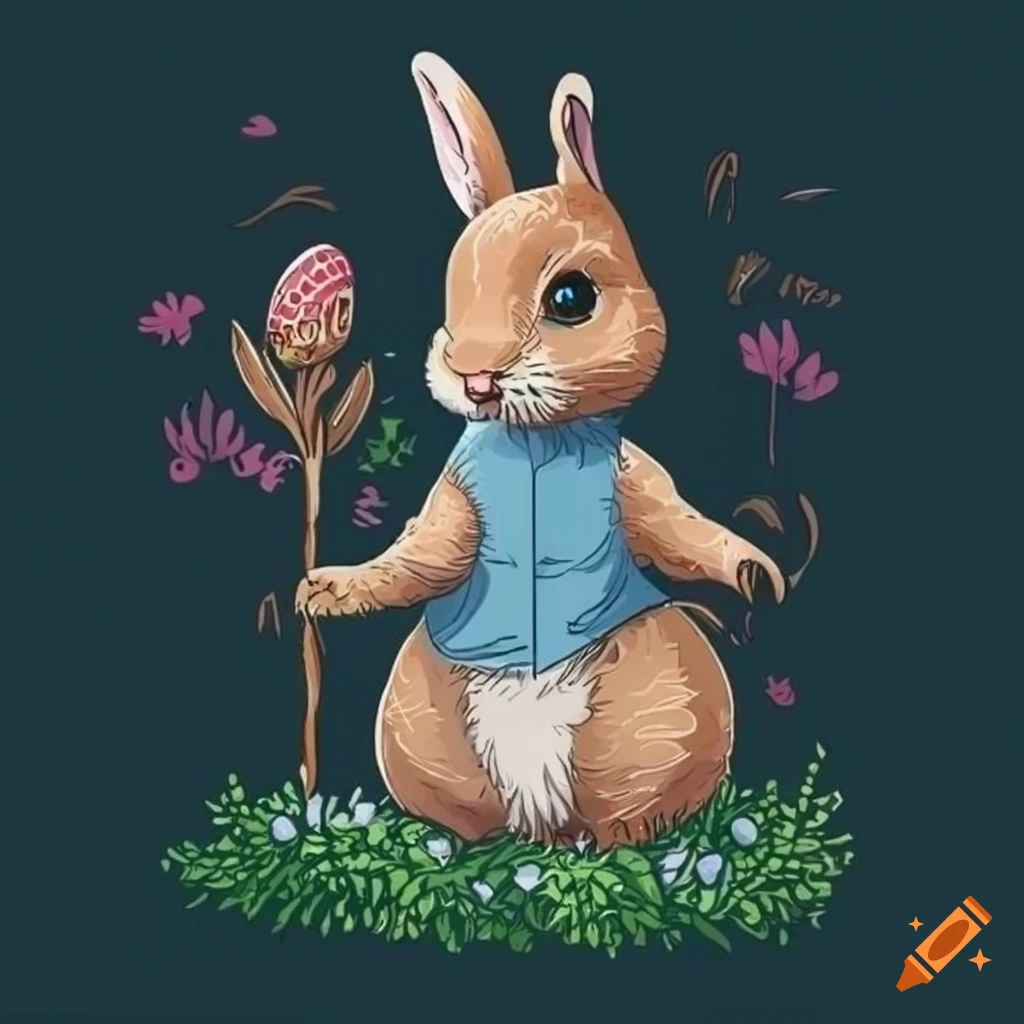 Outline drawing of easter scene with peter rabbit on a white background ...