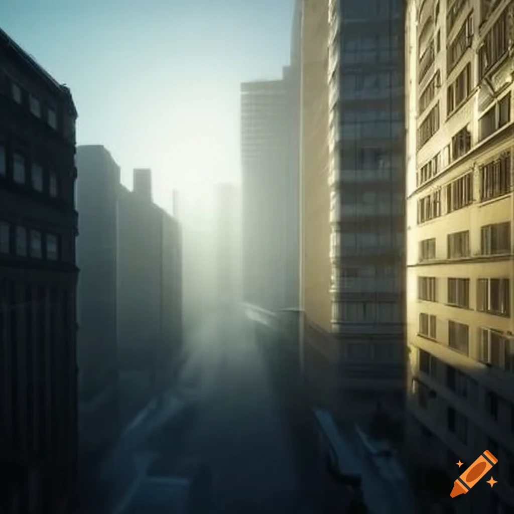 Sunlight shining through urban buildings on Craiyon