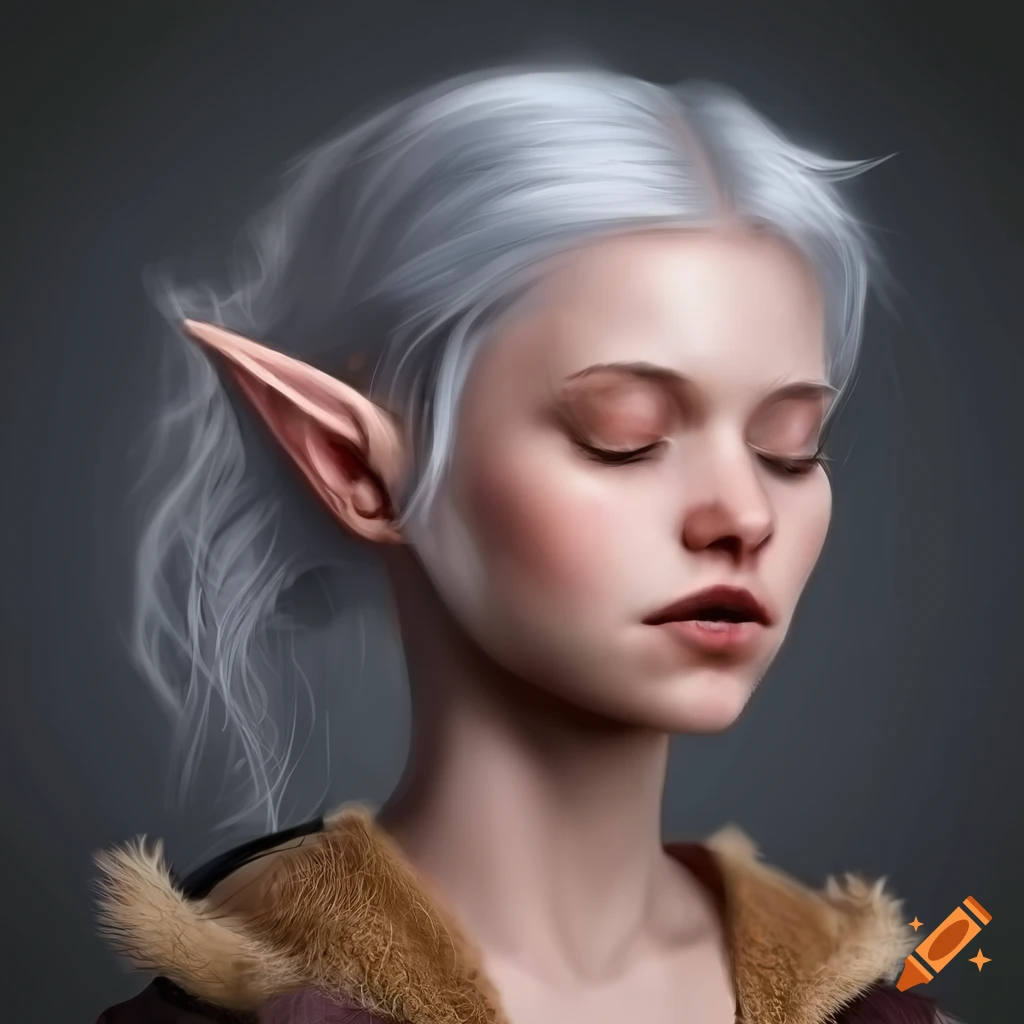 Portrait of a serene woodsy elf with white hair in three quarter side ...