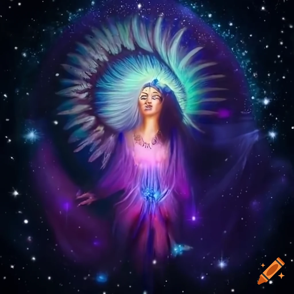 Portrait of a goddess with a shining third eye and a flying being in a ...
