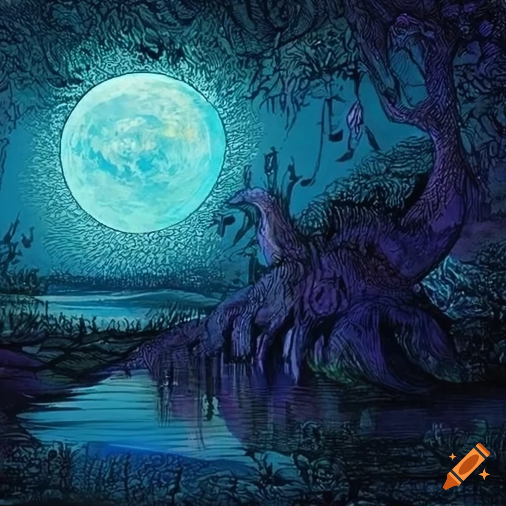 Color pen and ink landscape with mythical creatures, grapevines, forest ...