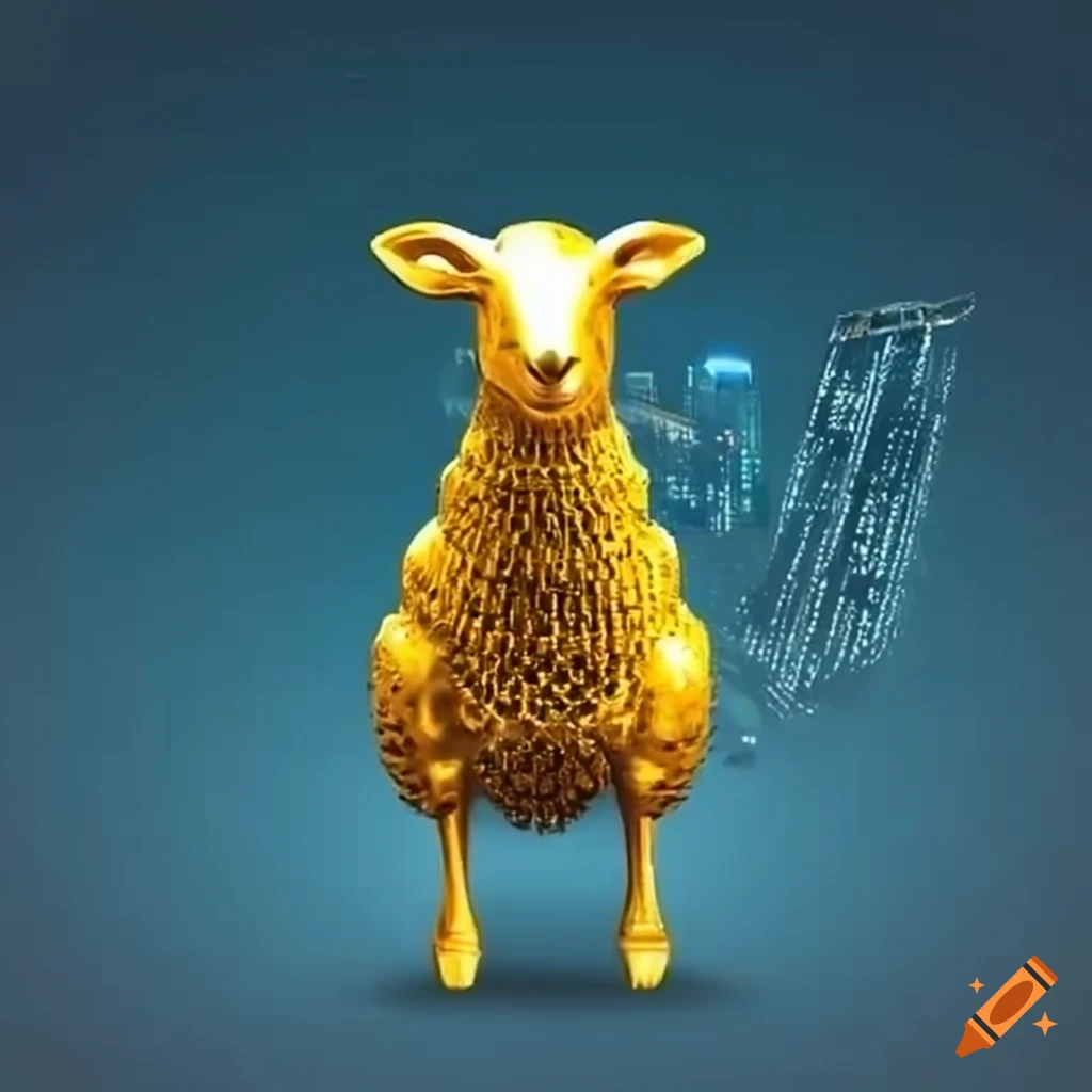 Golden statue of sheep in a futuristic city on Craiyon