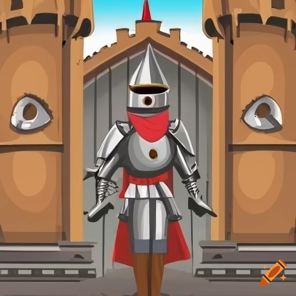 Guard knight standing in front of a medieval castle wood gate in ...