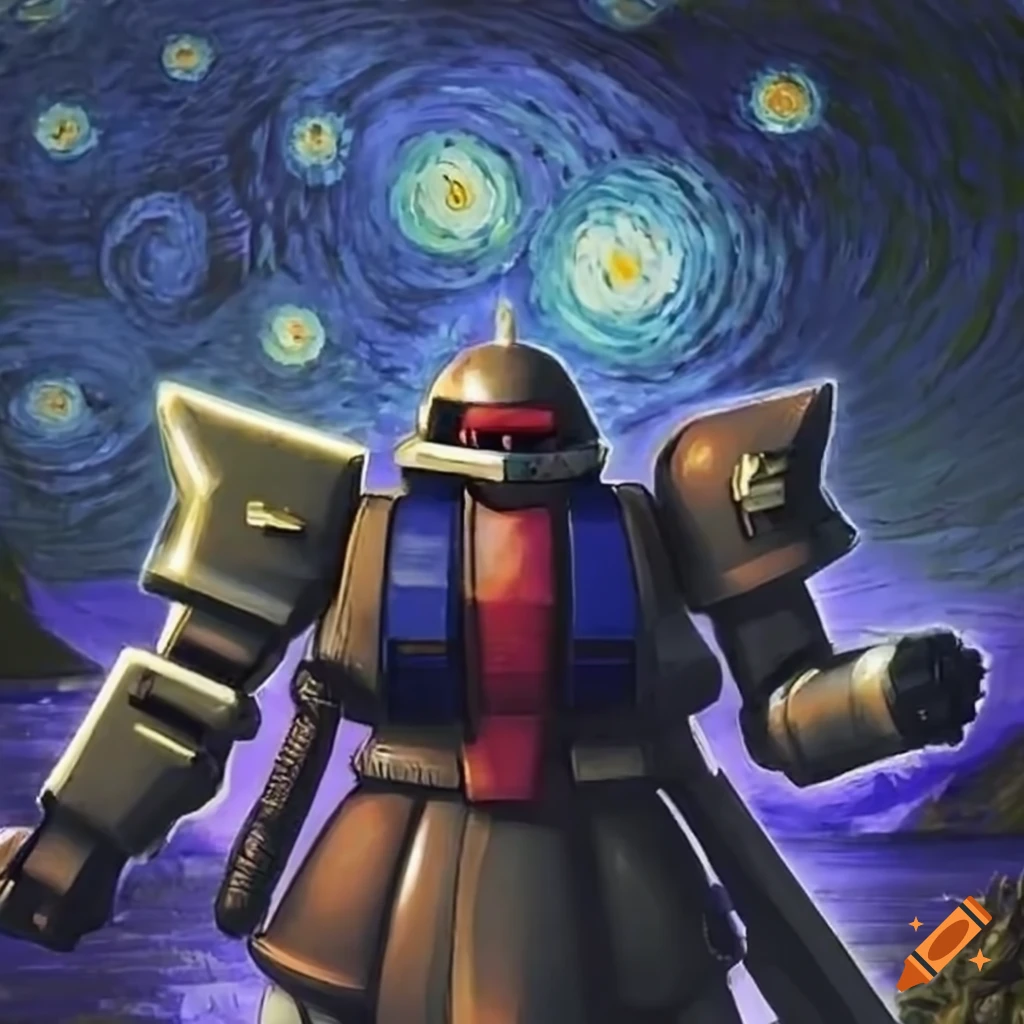 Zaku exploding gundam in a starry night inspired by van gogh on Craiyon