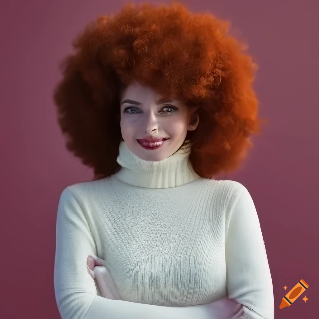 Beautiful Redhead Woman With A Massive Afro Wearing A White Turtleneck