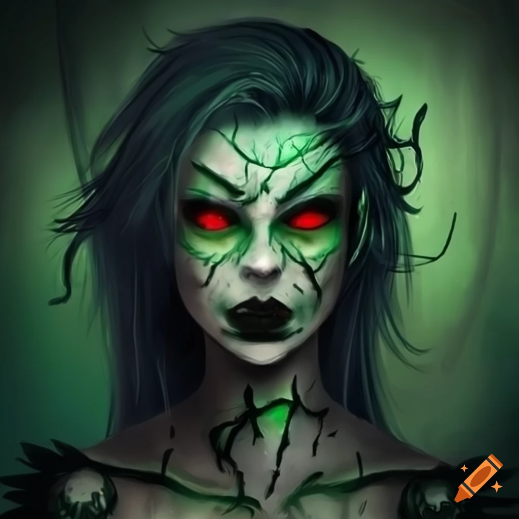 Female monster with wild black hair and green glowing eyes on Craiyon