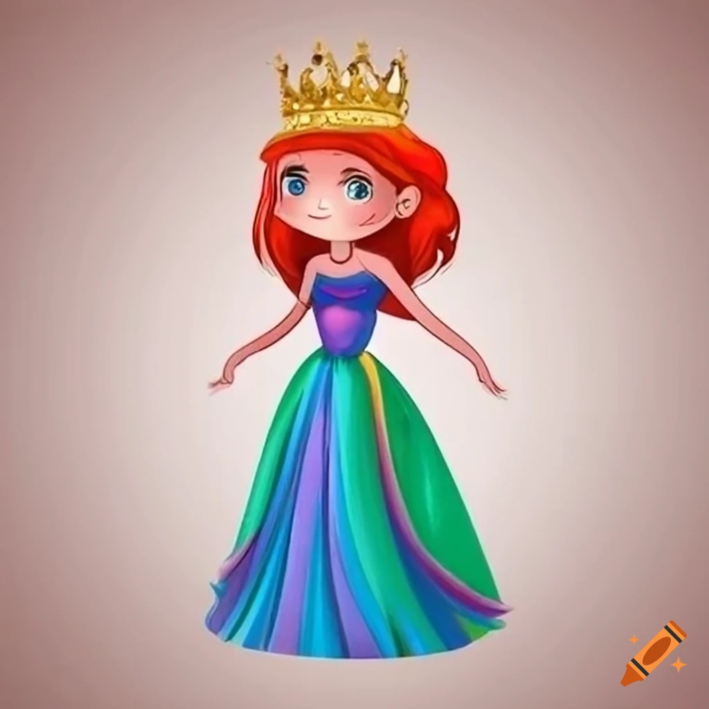 Red-headed princess in rainbow dress and crown from a children's book ...