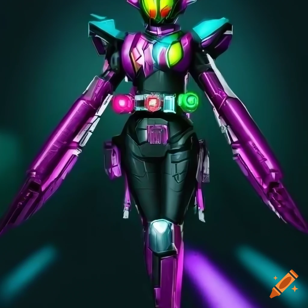 Symmetrical photorealistic female kamen rider on Craiyon