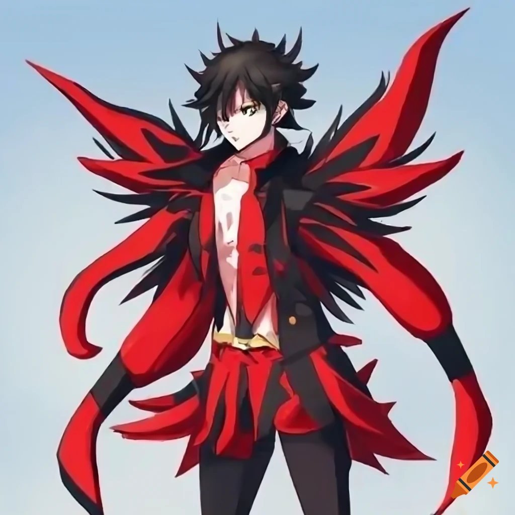 Anime character in black and red spikey jester clothes on Craiyon