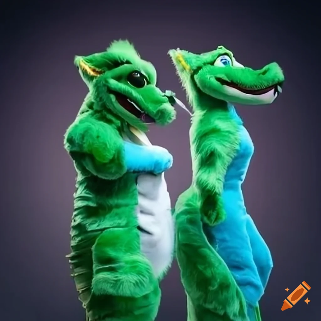 Close up of 3 nurses wearing green alligator reptile fursuit mascot ...