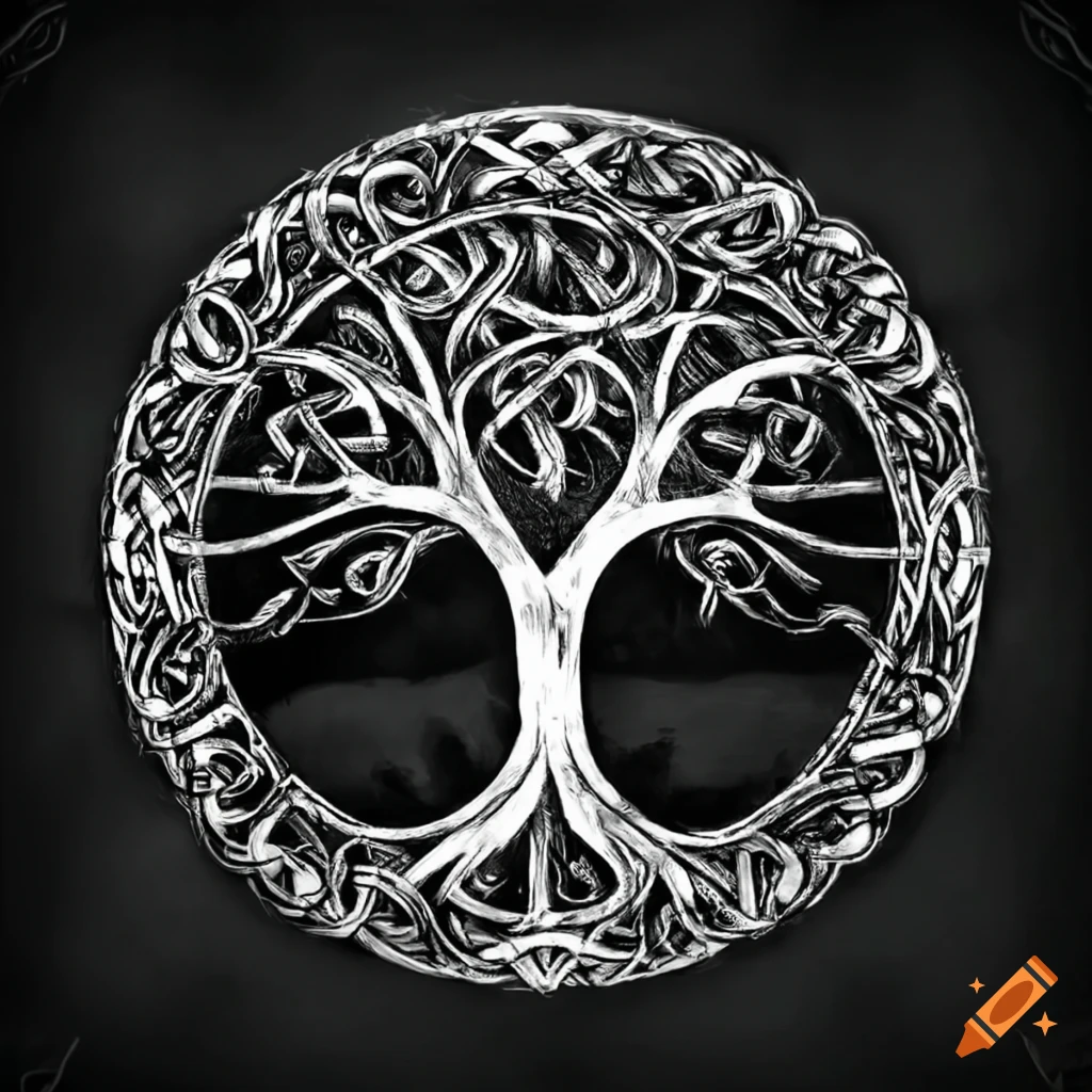 Intricate Yggdrasil surrounded by Nordic runes in tattoo style on Craiyon