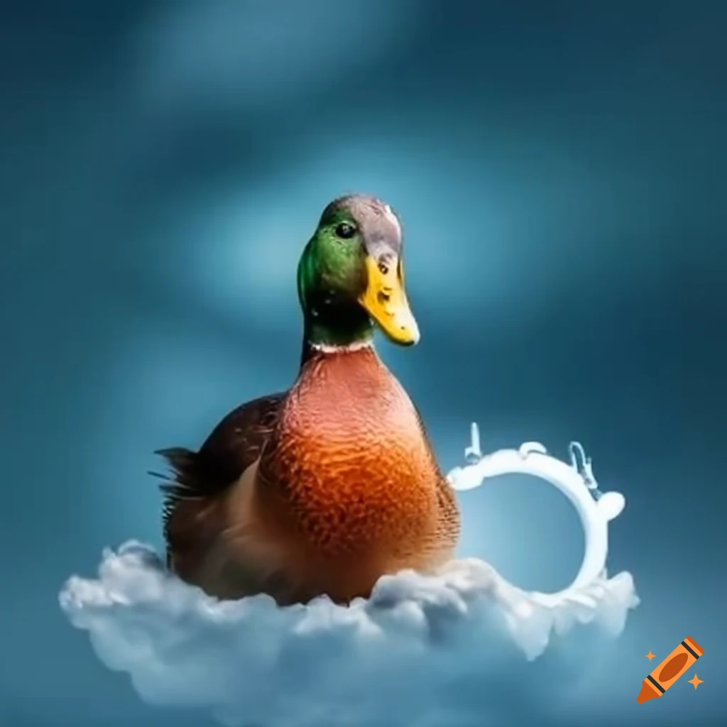 Duck with a ball and chain on its leg standing on a cloud on Craiyon
