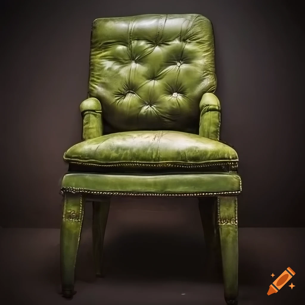 Vintage worn green leather chair with exposed stuffing under moody ...