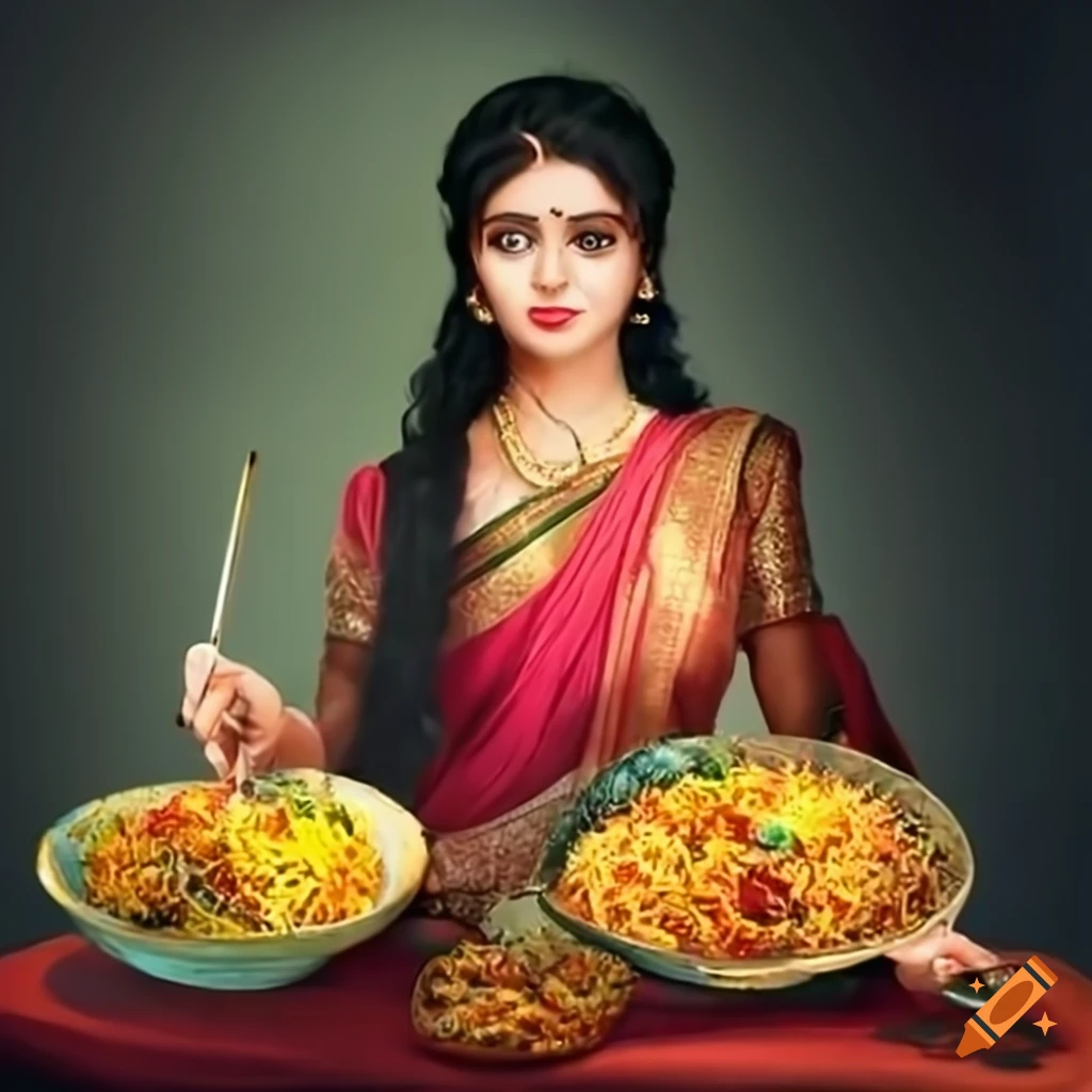 Beautiful girl holding spoon with biryani and fruits on Craiyon