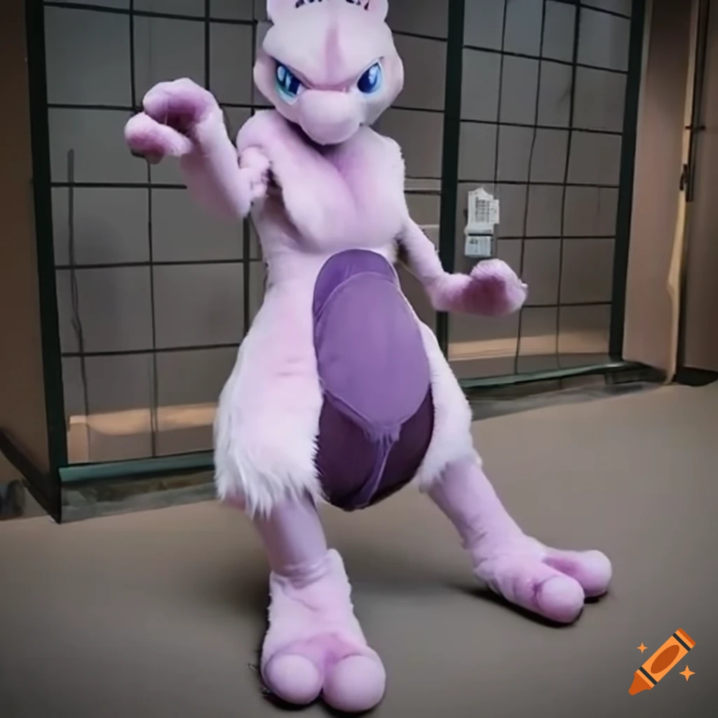 Close up detail of a nurse in a full body mewtwo fursuit at hospital on ...