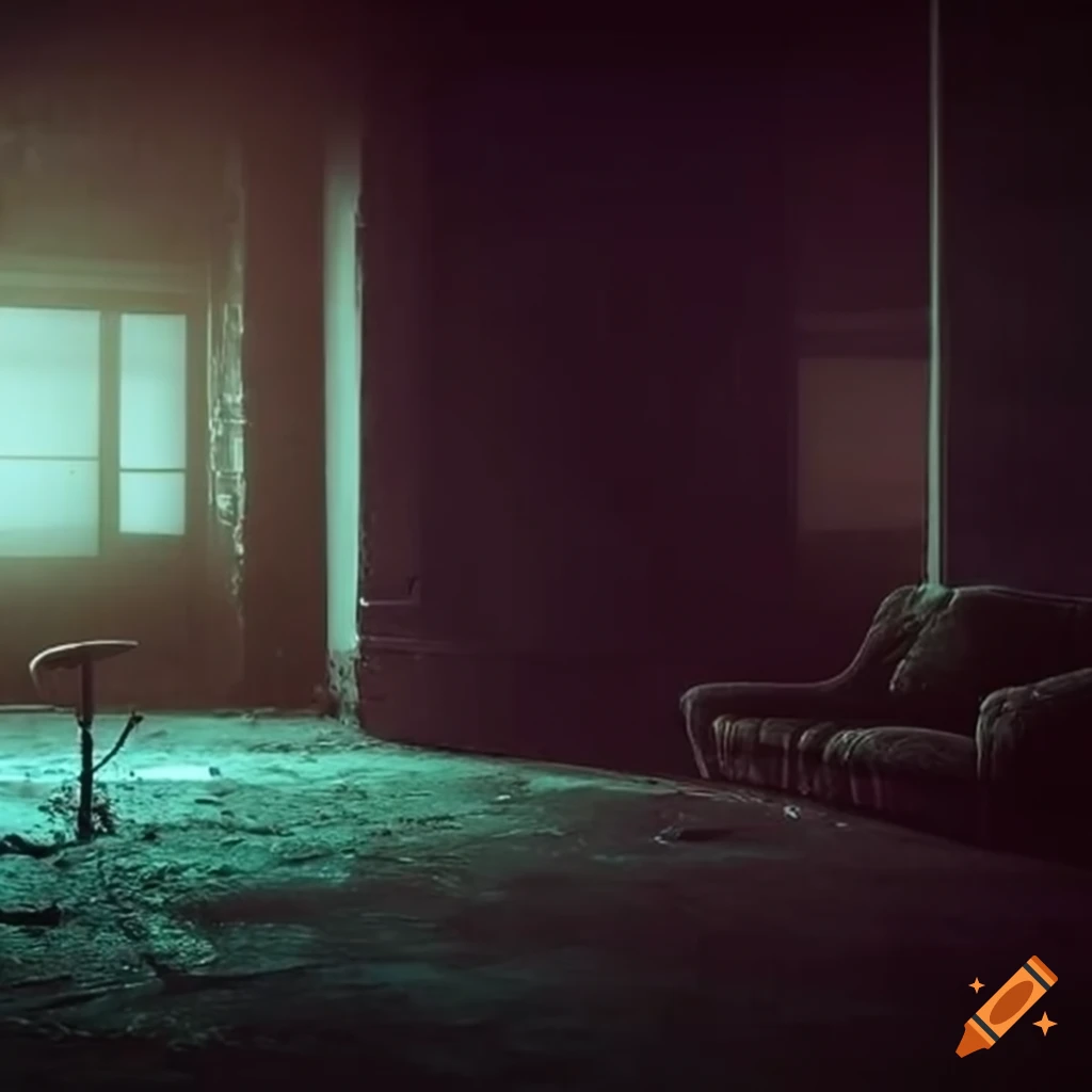 Abandoned foggy lounge with shiny tiles in a Blade Runner-style setting ...