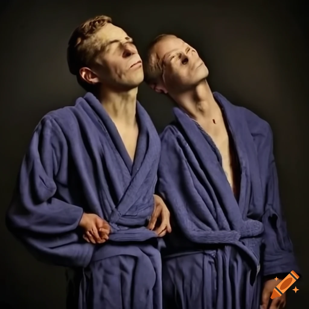 Two tired men in dressing gowns on Craiyon