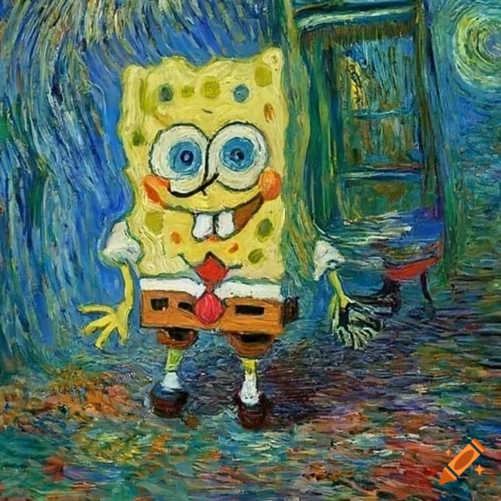 Spongebob squarepants with portrait by claude monet and backdrop by van ...