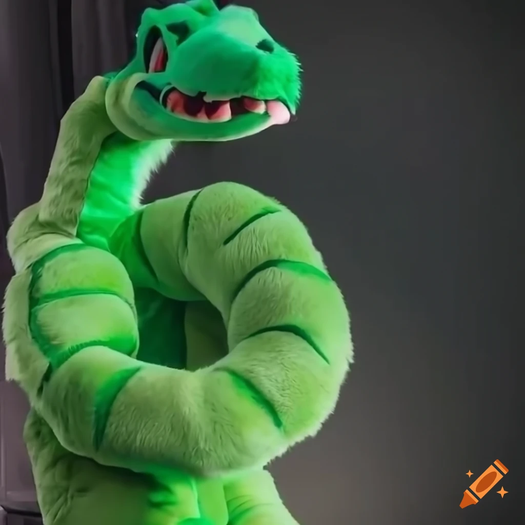 Close up of nurse in full body green snake mascot fursuit costume on ...