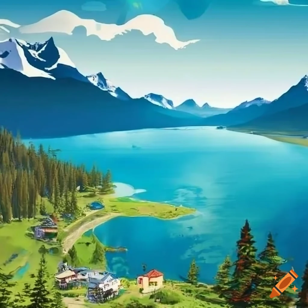 Treasure map with lake, snow mountains, and town shore on Craiyon