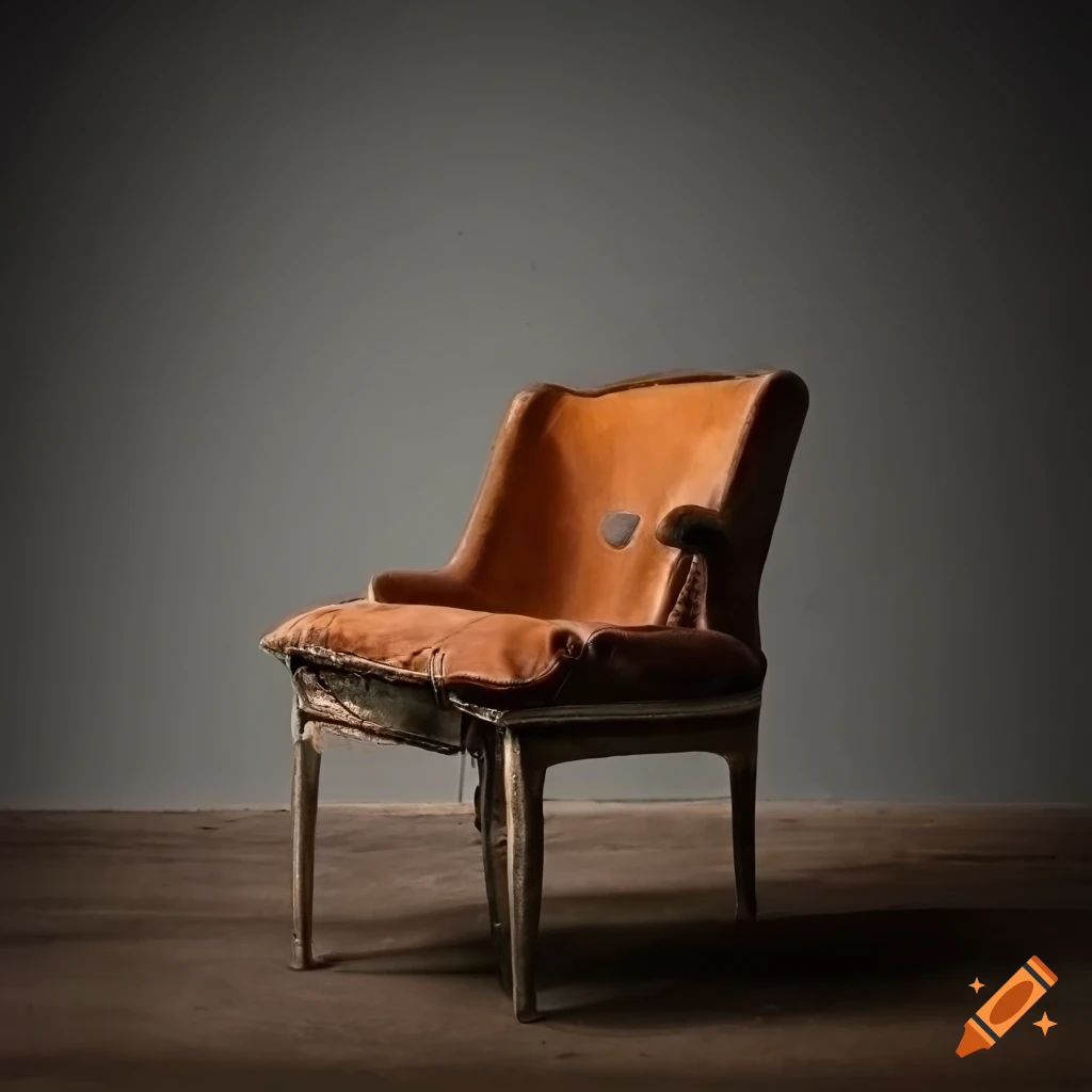 Abandoned worn leather chair with stuffing spilling out under foggy ...