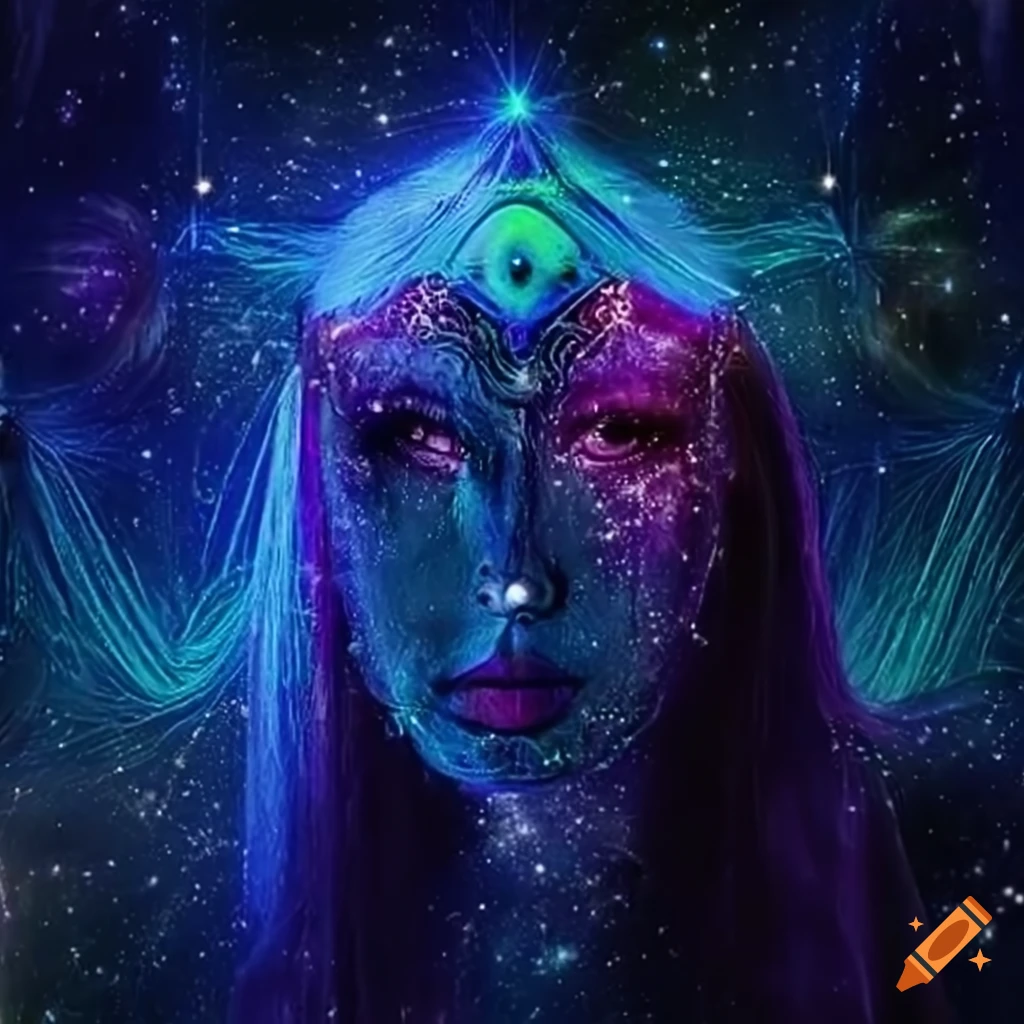 Portrait of a goddess with a shimmering phoenix in a blue galactic ...