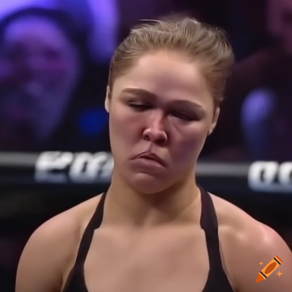 Ronda rousey female fighter with spinning head and bruised face on Craiyon