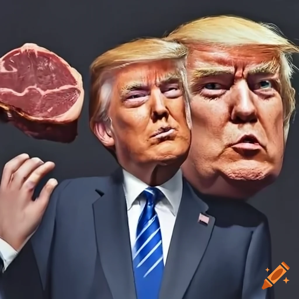 Satirical depiction of a famous figure with a steak on his head on Craiyon