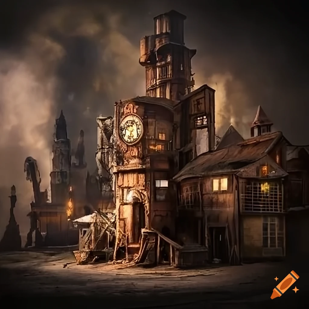 The steampunk mining town of iron ridge on Craiyon