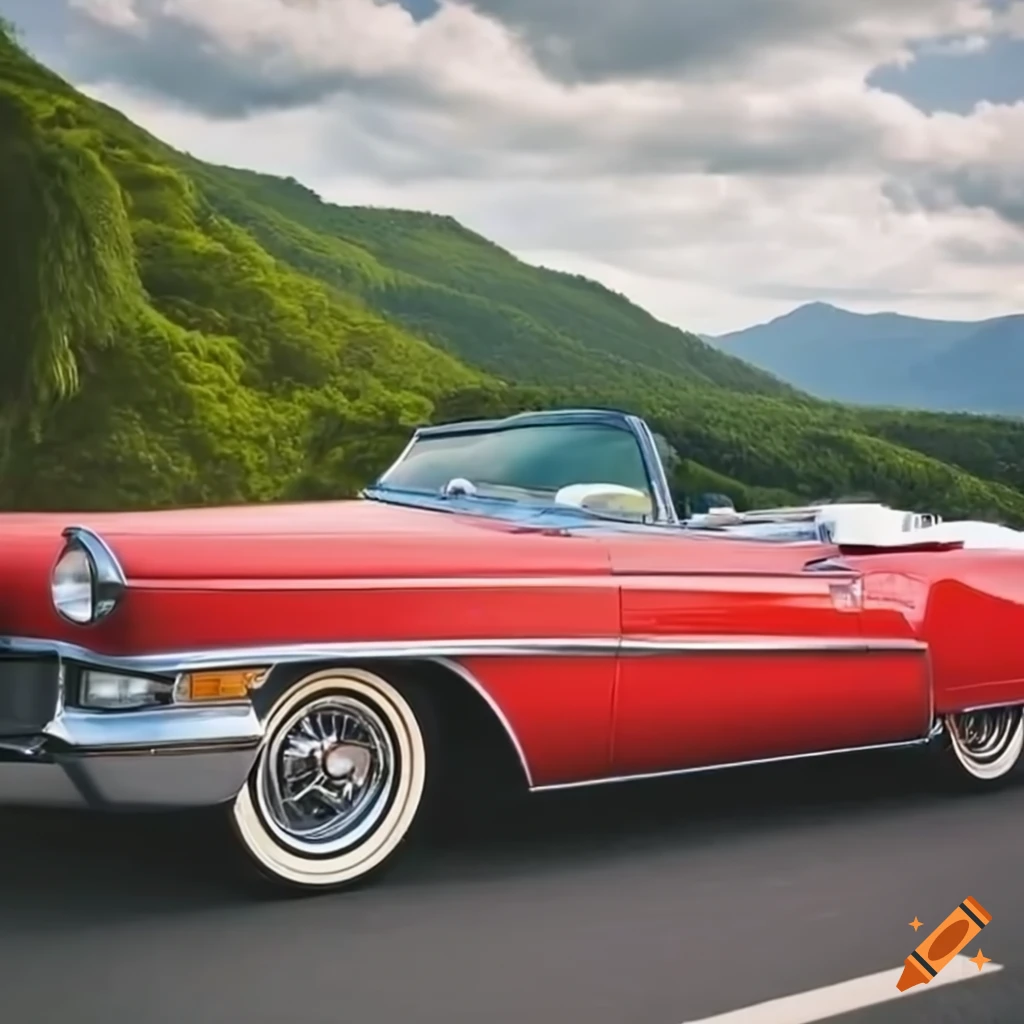 Cadillac rojo convertible en una carretera con paisaje tropical y ...