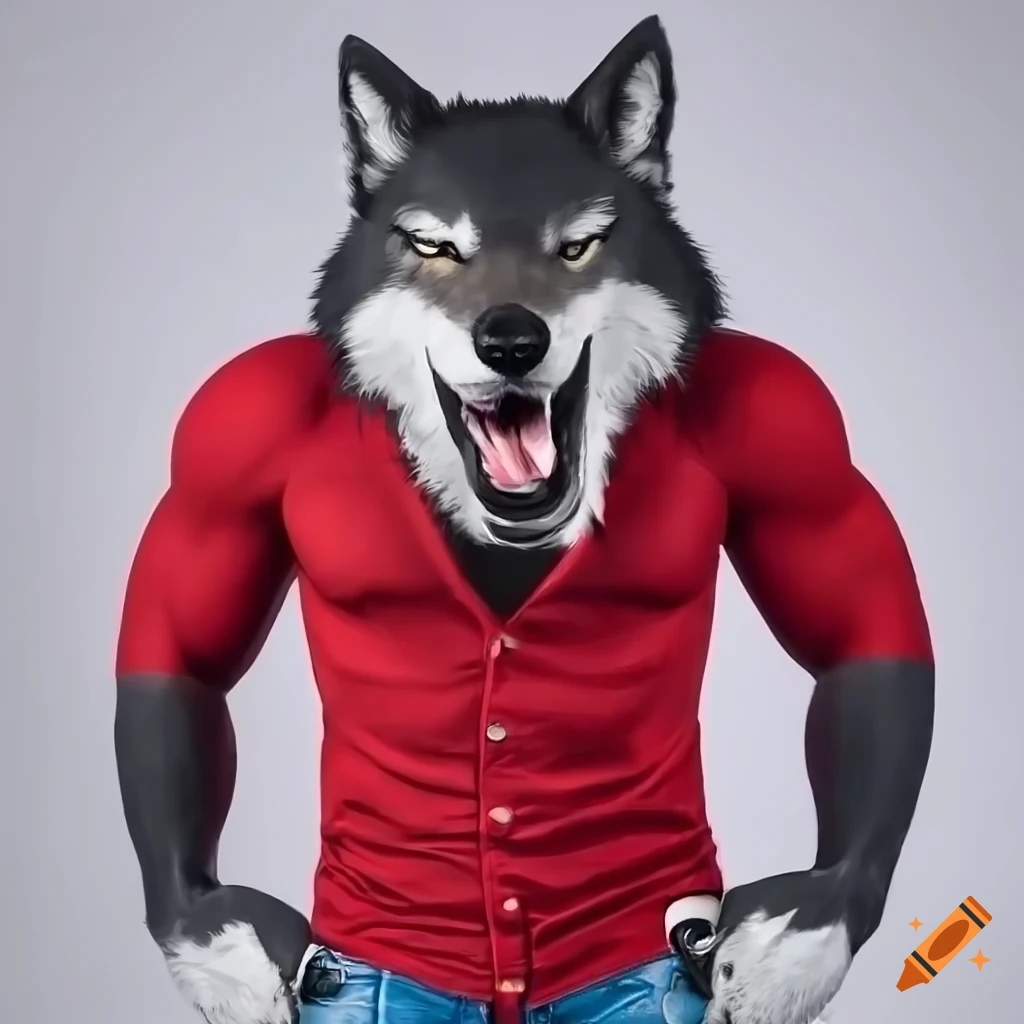 Handsome muscular anthro wolf in a red shirt on Craiyon