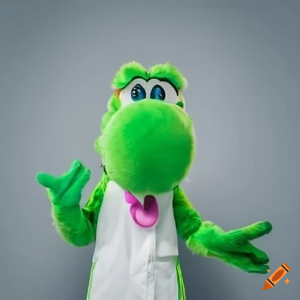 Close up detail of a nurse in yoshi fursuit costume at hospital on Craiyon