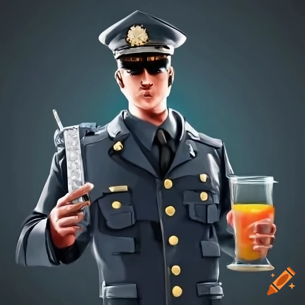 Police officer with a cocktail in hand on Craiyon