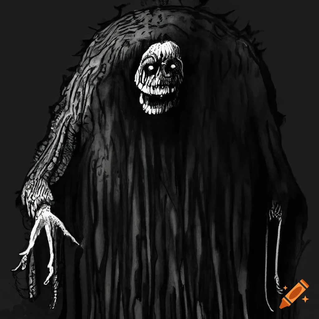 Black ink drawings of strange monsters in the style of John Kenn ...