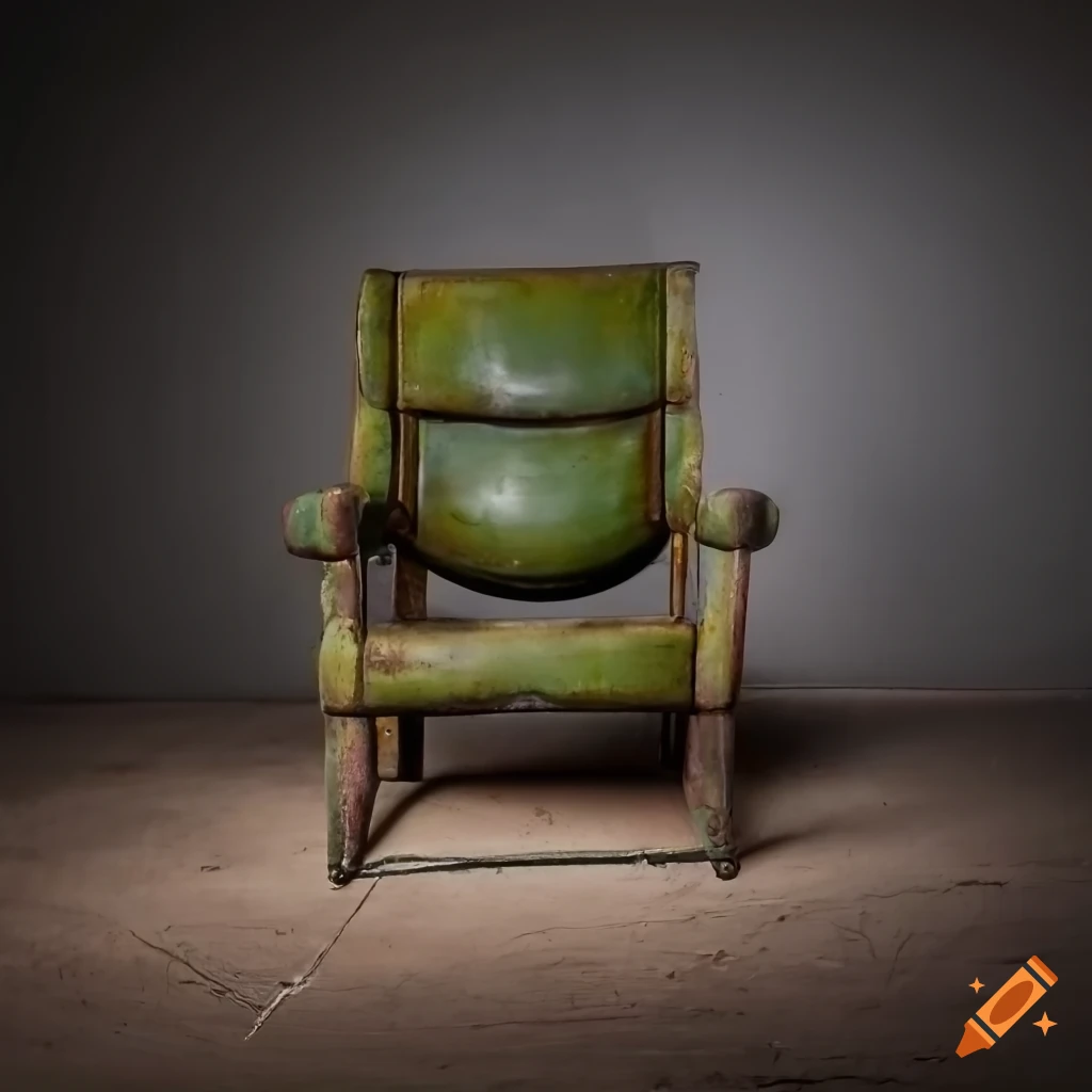 Abandoned green worn leather chair with stuffing spilling out under ...