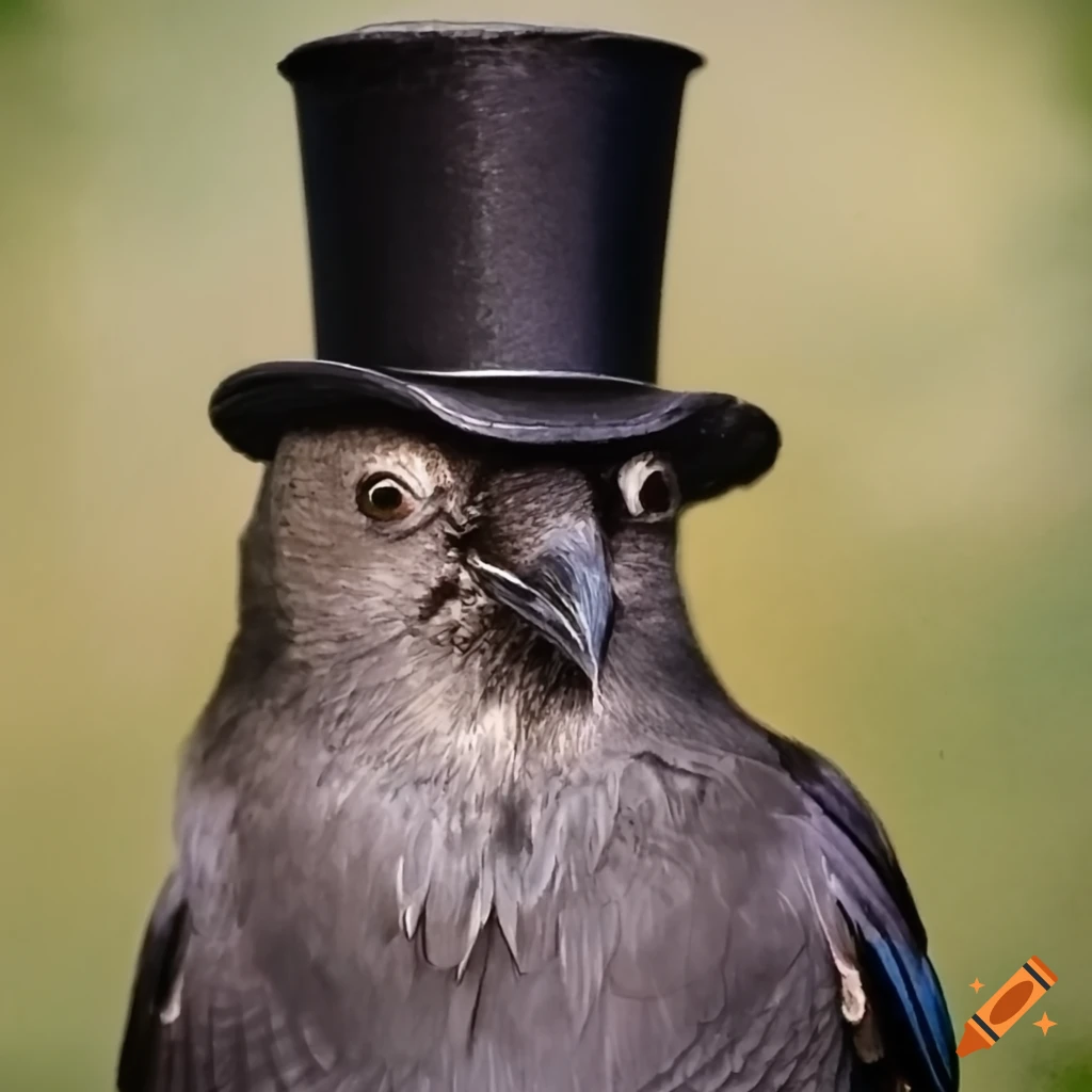 Watercolor painting of an old crow wearing a top hat on Craiyon