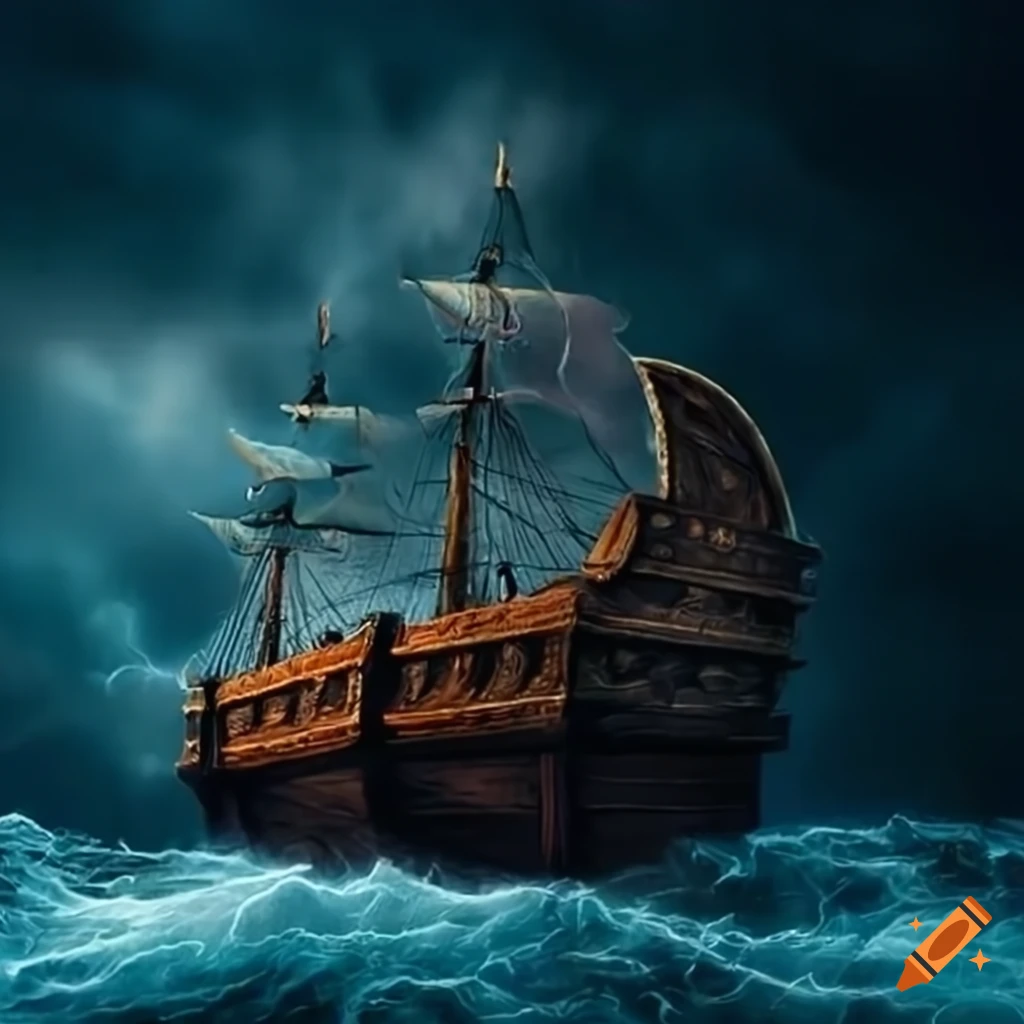 Fox pirate sleeping in treasure chest on stormy ship on Craiyon