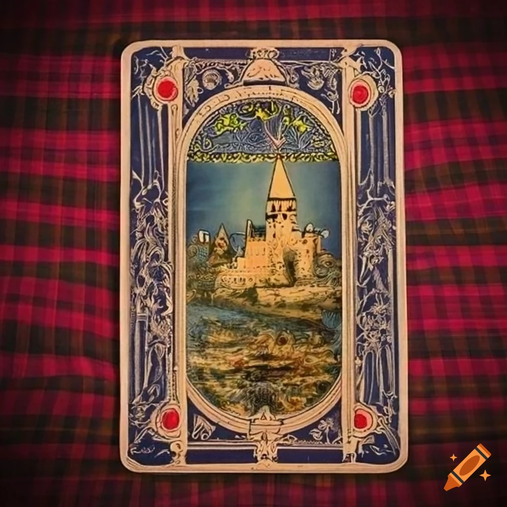 Ornate tarot card with castle imagery on a tablecloth on Craiyon
