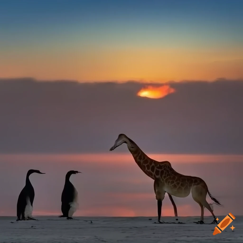 Stunning multicolor sunset with giraffes and penguins in the landscape ...