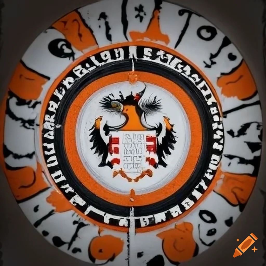 White, orange, and black circular crest design on Craiyon